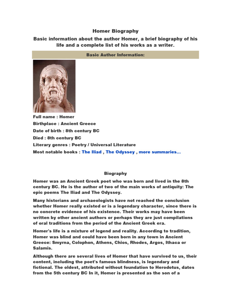 Homer Biography | PDF | Homer | Ancient Greek Literature