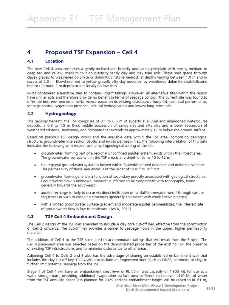 Appendix E1 Tailings Storage Facility TSF Management Plan 33 | PDF | Groundwater | Aquifer
