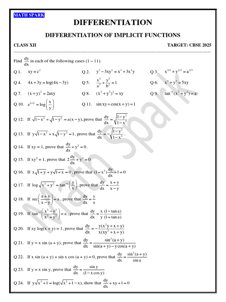 Xii Maths-Differentiation of Implicit Functions | PDF Xii Maths-Differentiation of Implicit Functions | PDF
