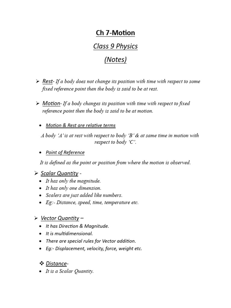 CH 7 Motion (Class - 9) Notes | PDF | Velocity | Acceleration