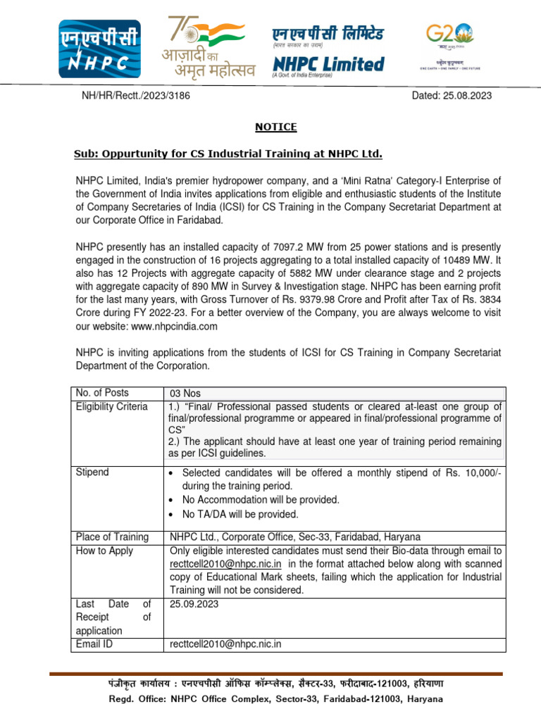 CS Trainee Vacancy at NHPC Delhi | PDF | Career & Growth