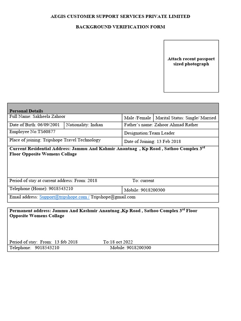 Background Verification Form | PDF | Temporary Work