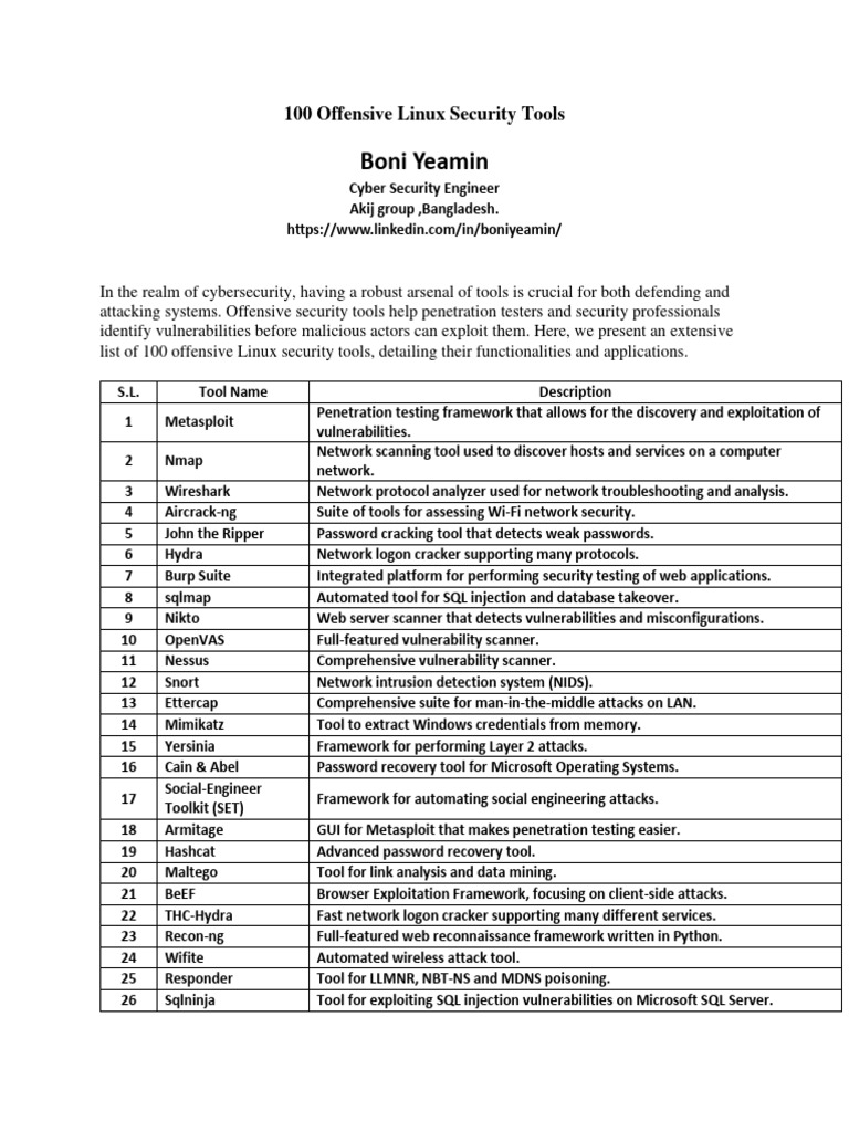 100 Offensive Linux Security Tools | PDF | Security | Computer Security 100 Offensive Linux Security Tools | PDF | Security | Computer Security