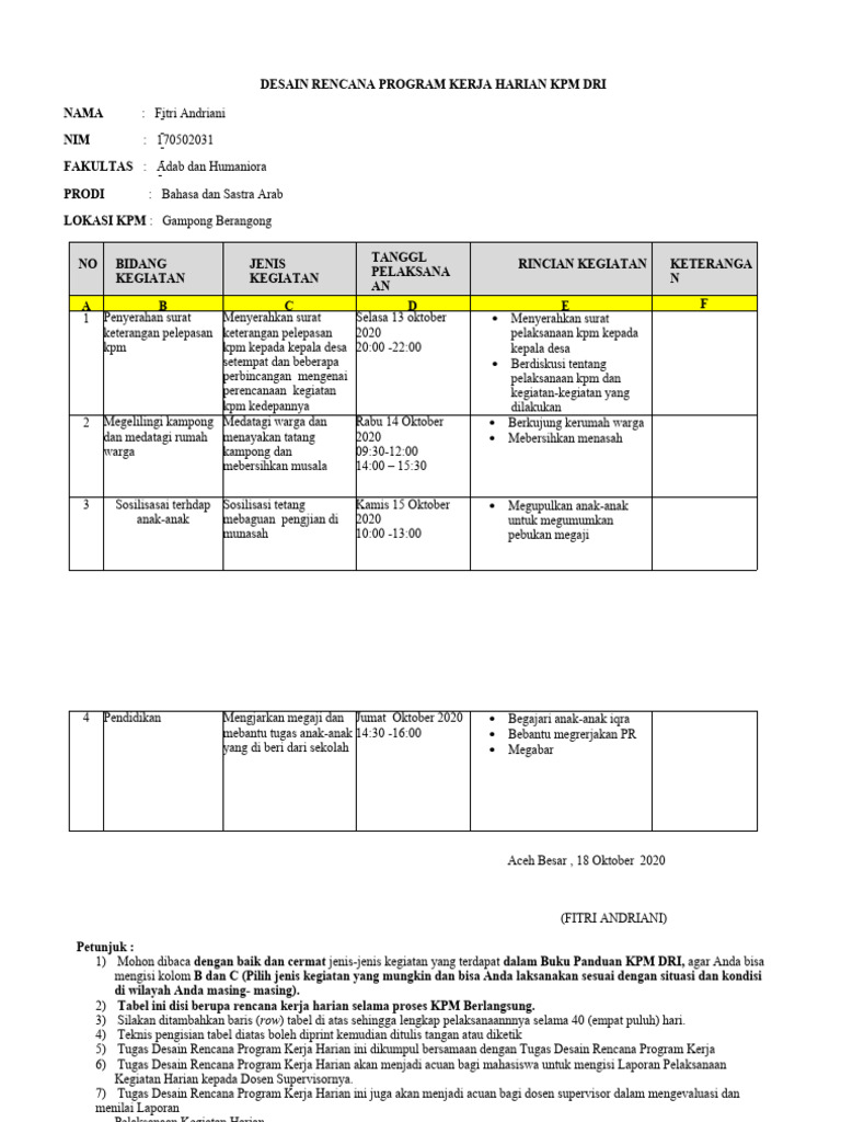 Desain Rencana Program Kerja Harian KPM Dri | PDF