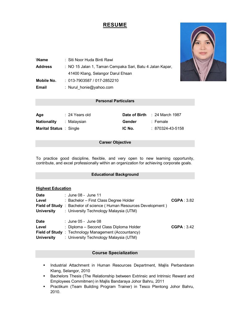 Resume Siti Noor Huda BT Rawi | PDF