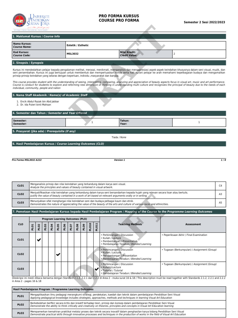 Proforma ESTETIK A222 | PDF | Behavior Modification | Cognition