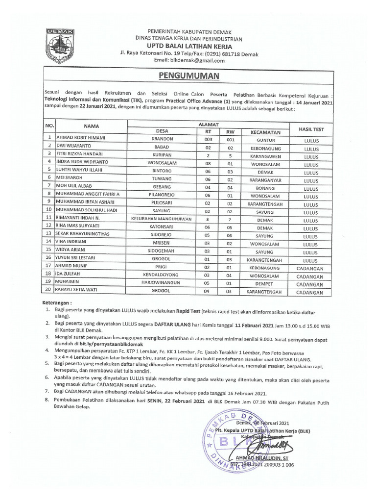 Pengumuman Lulus Seleksi AK1 | PDF
