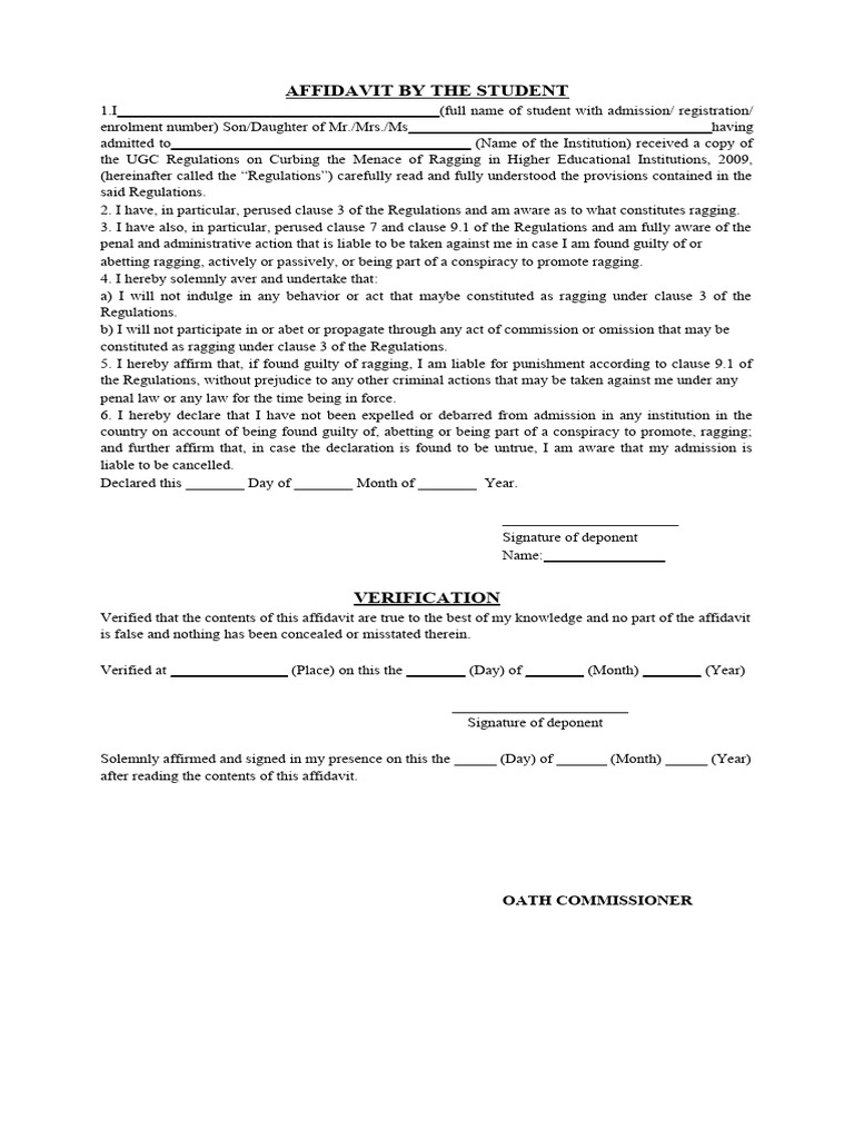 Student Affidavit on Anti-Ragging Compliance | PDF | Affidavit | Justice