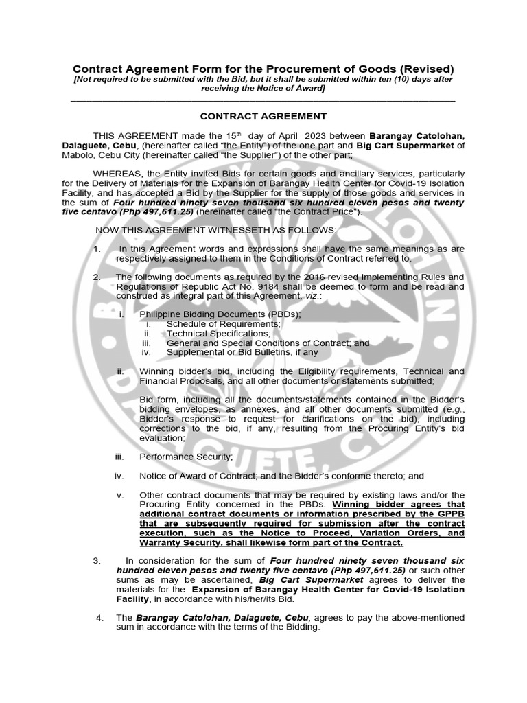 Contract Agreement Form For The Procurement of Goods (Revised) | PDF ...