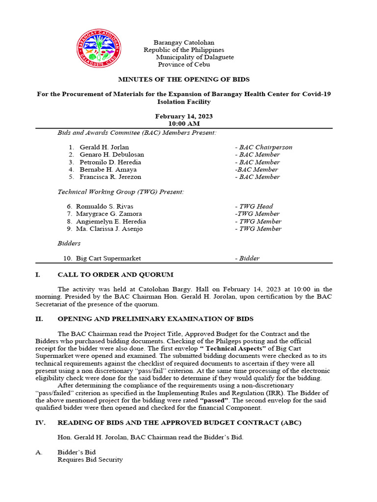 Minutes of Opening of Bids | PDF