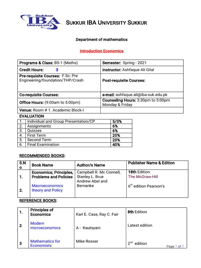 Introduction to Economics Course Syllabus | PDF