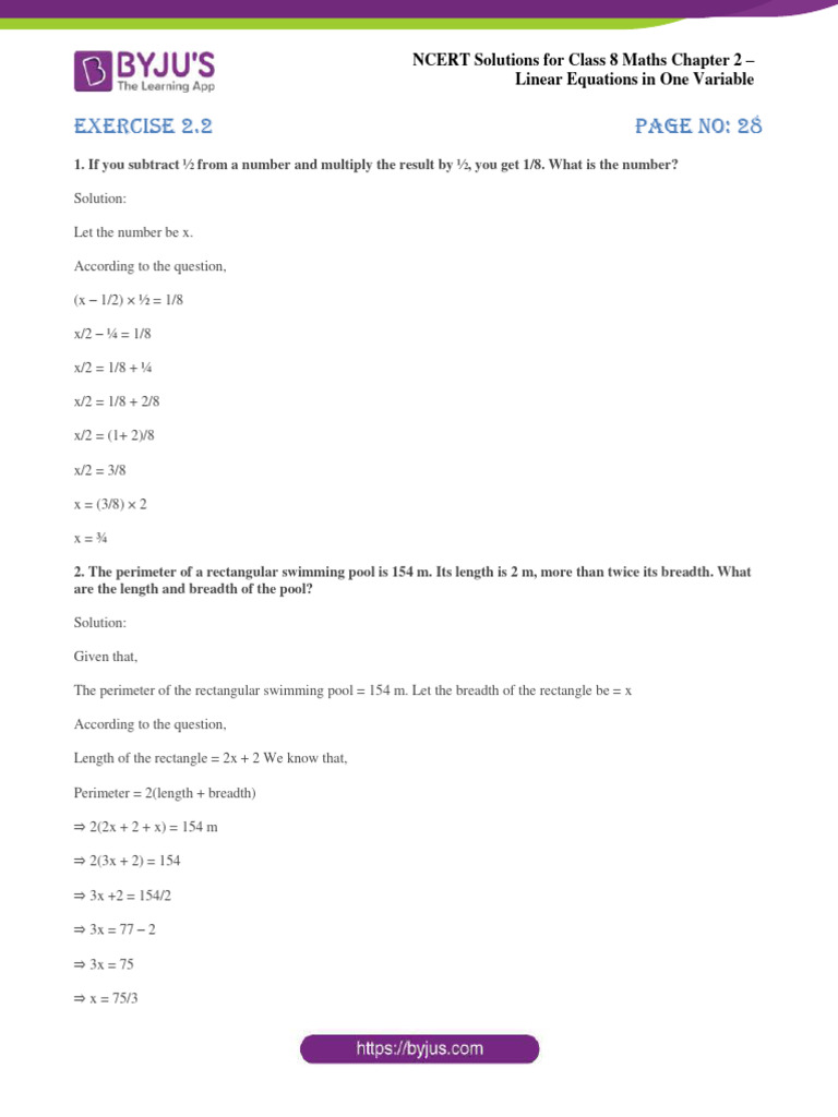 Class 8 Maths Linear Equations Solutions | PDF | Equations | Length