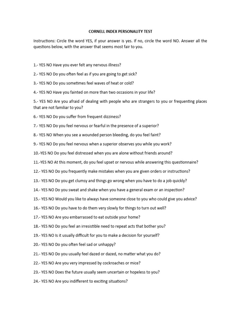 Cornell Index Personality Test | PDF | Anxiety | Psychology