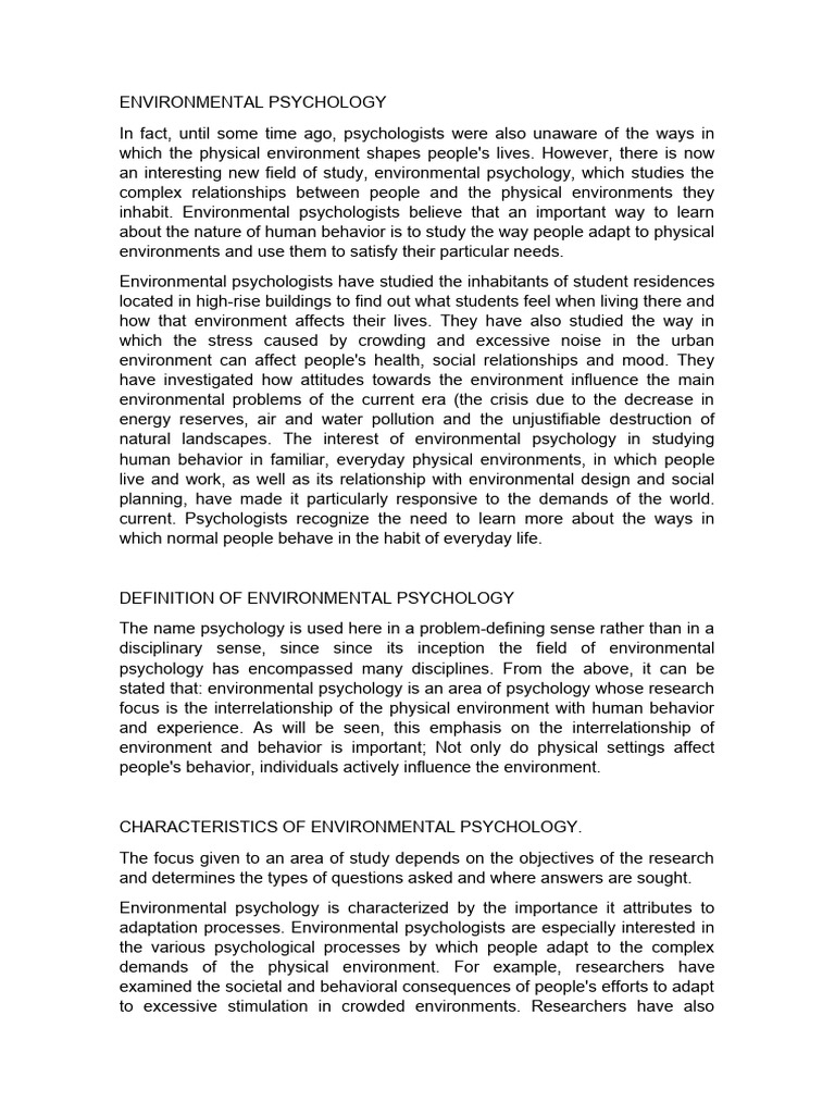Environmental Psychology Summary of Chapter 1 To 3 From The Book by ...