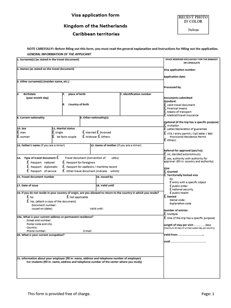 Visa Application Form Kingdom of The Netherlands Caribbean ...