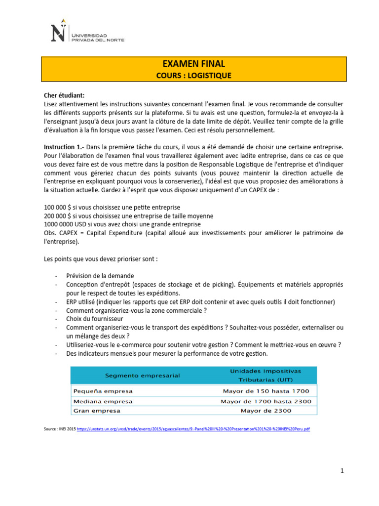 Examen final de logistique : instructions et évaluation | PDF | Logistique | Progiciel de ...