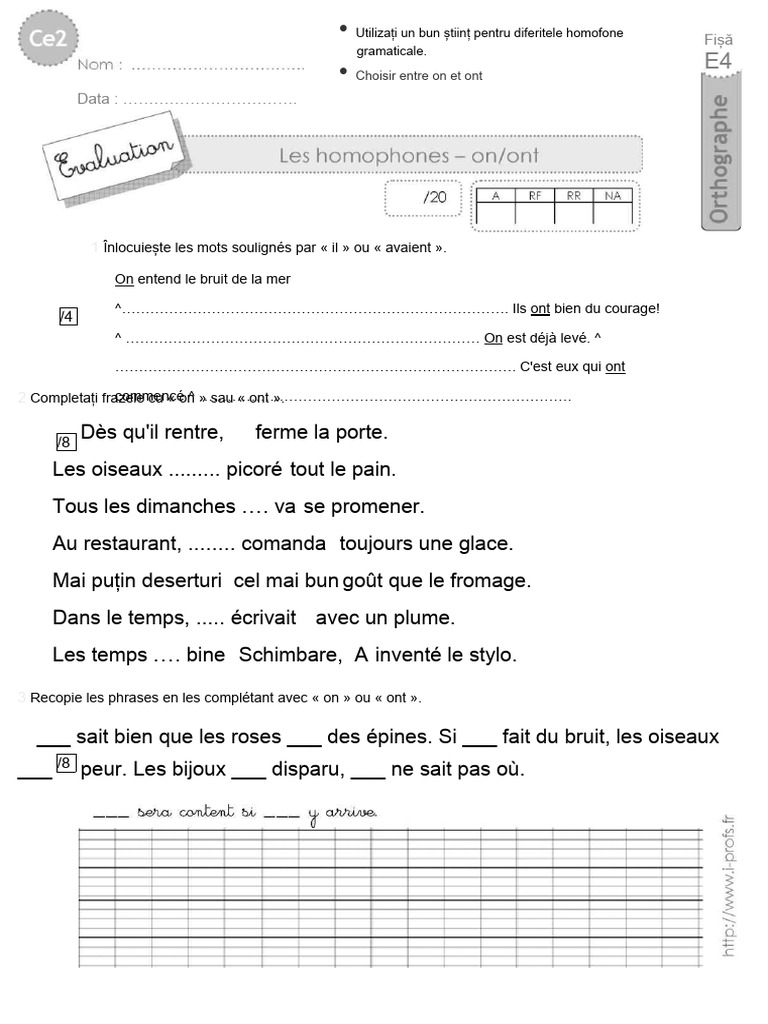 Exercices sur les homophones « on » et « ont » | PDF | Instruments d ...