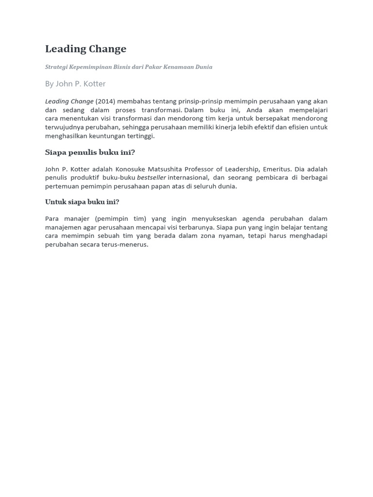 Rangkuman Buku Leading Change Oleh Jhon P Kotter | PDF