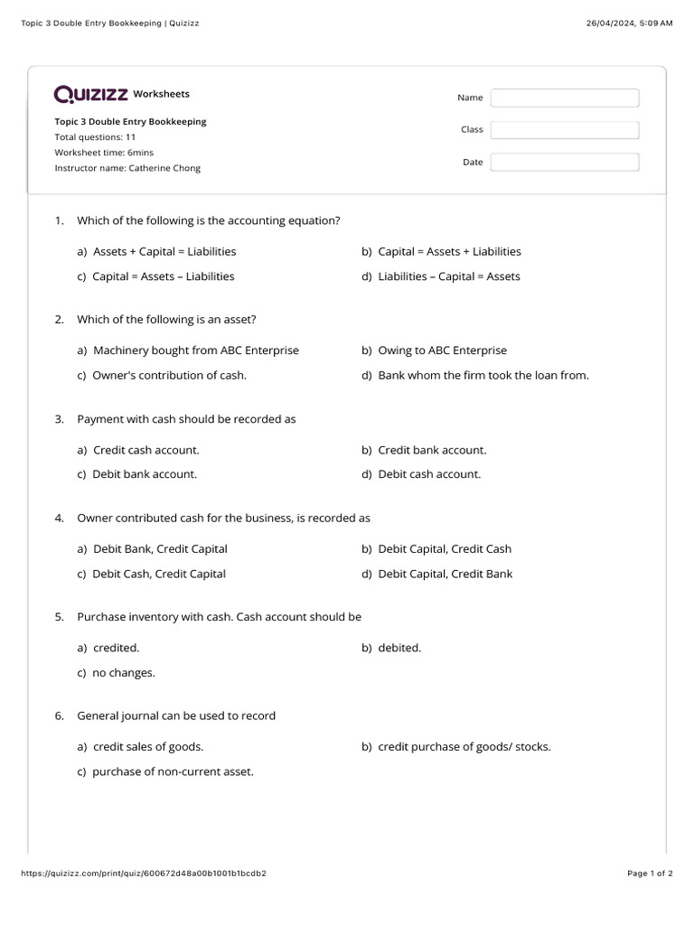 Double Entry Bookkeeping Quiz | PDF | Debits And Credits | Bookkeeping