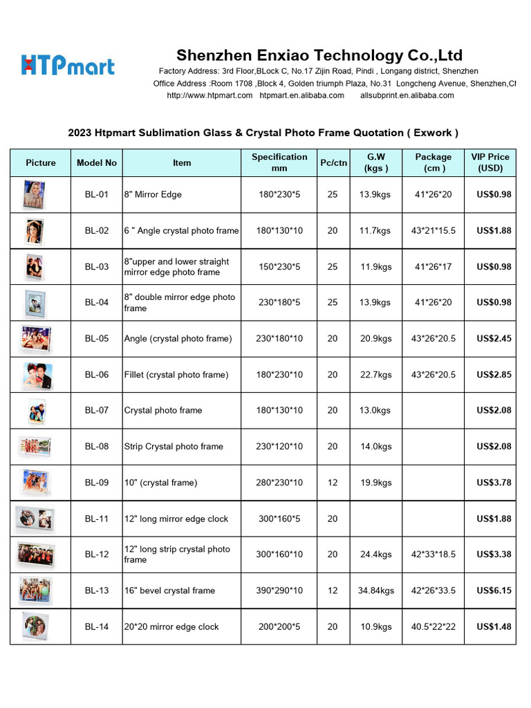 2023 Htpmart Sublimation Glass & Crystal Quotation | PDF | Elementary ...