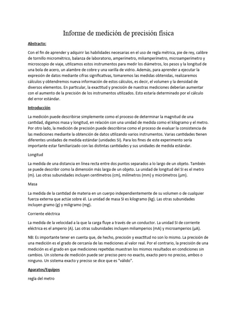 Informe de Medición de Precisión Física | PDF | Medición | Kilogramo