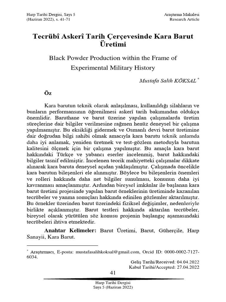 Mustafa Salih KÖKSAL, Tecrübî Askerî Tarih Çerçevesinde Kara Barut ...
