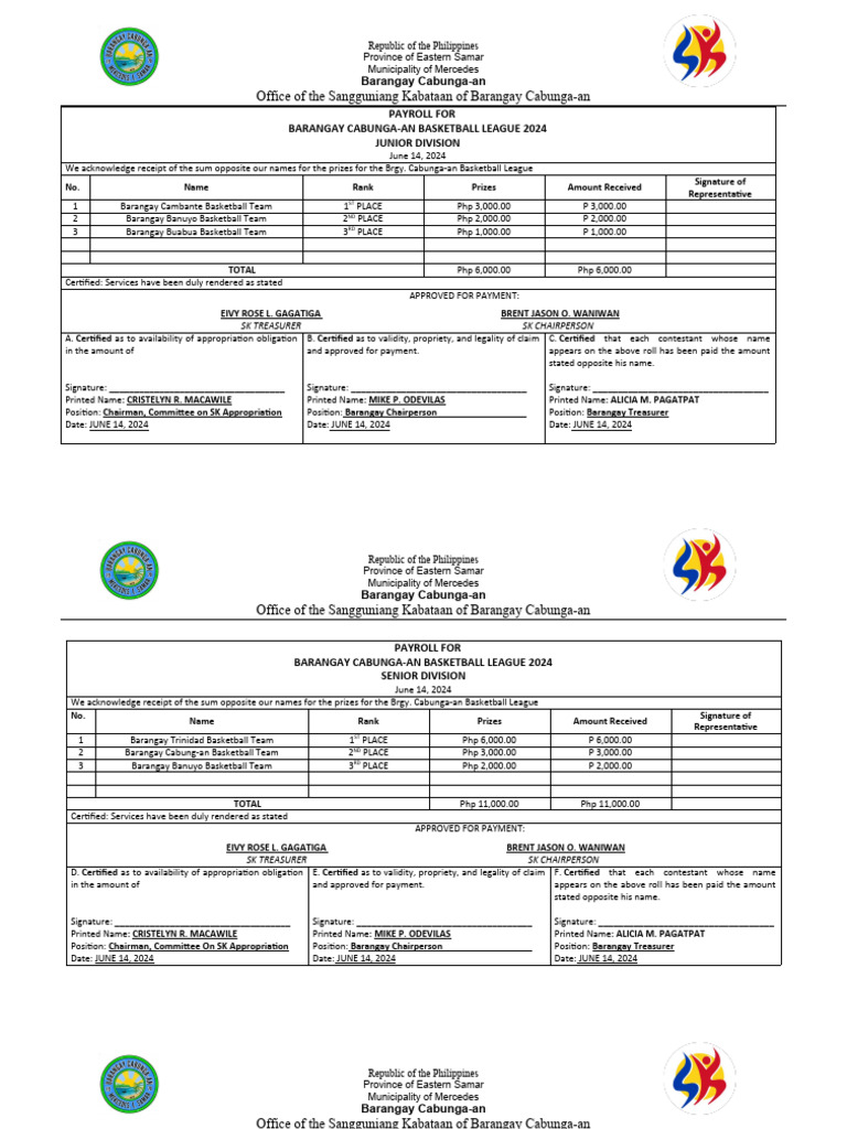 Payroll for Barangay Basketball Prizes | PDF