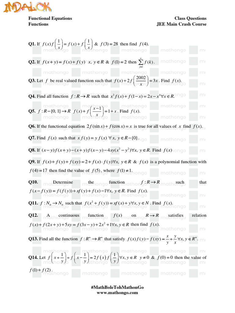 JEE Class 12 Functional Equations Guide | PDF | Discrete Mathematics ...