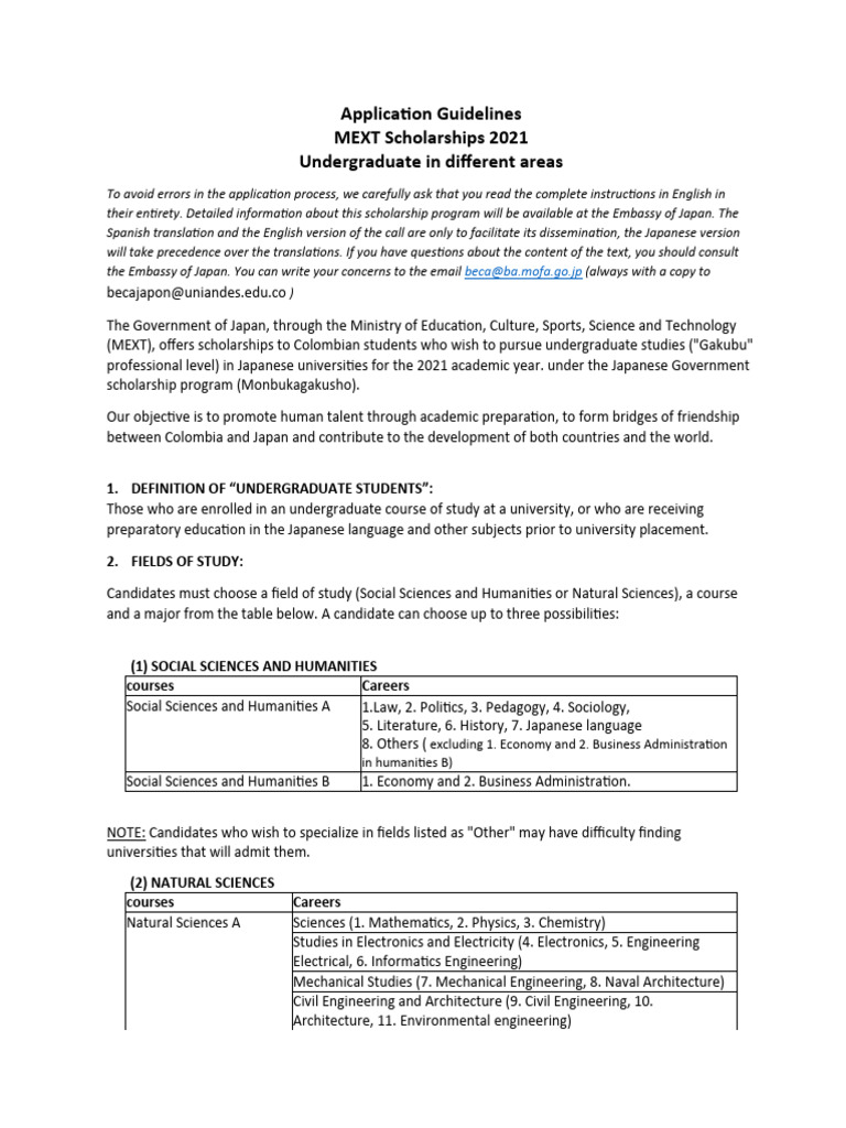 MEXT 2021 Scholarship Guide | PDF | University And College Admission | Engineering