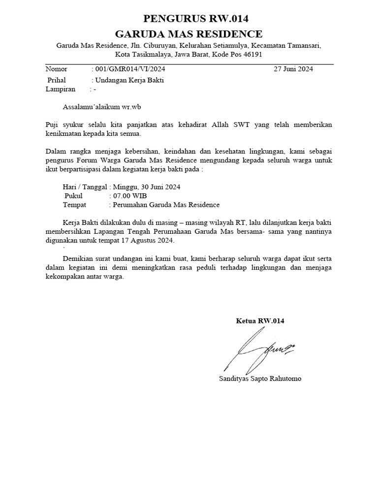 Surat Undangan Kerja Bakti 30 Juni 2024 | PDF