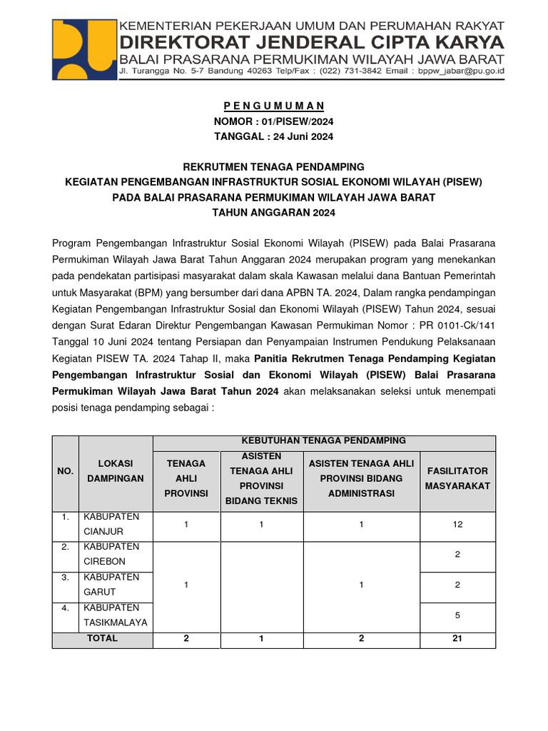 Pengumuman Rekrutmen Tenaga Pendamping Kegiatan PISEW TA 2024 | PDF | Bisnis
