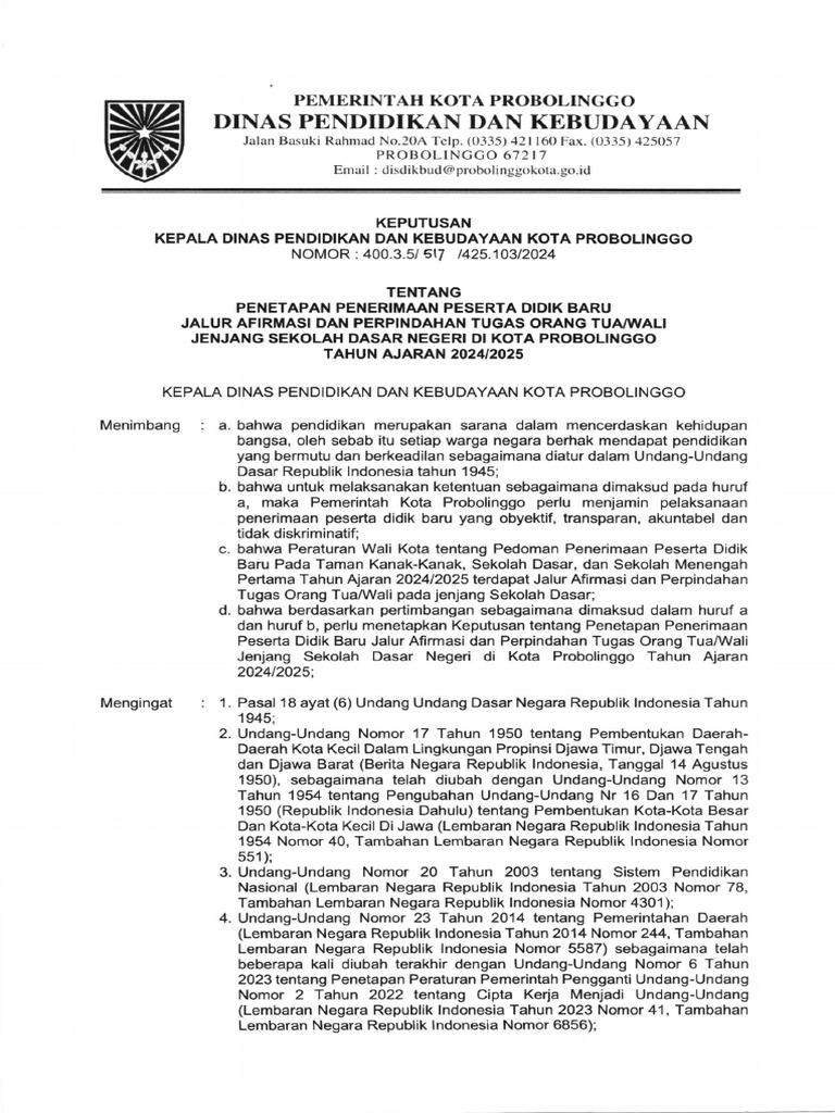 SK Penetapan PPDB SD 2024 (Tahap 1) | PDF