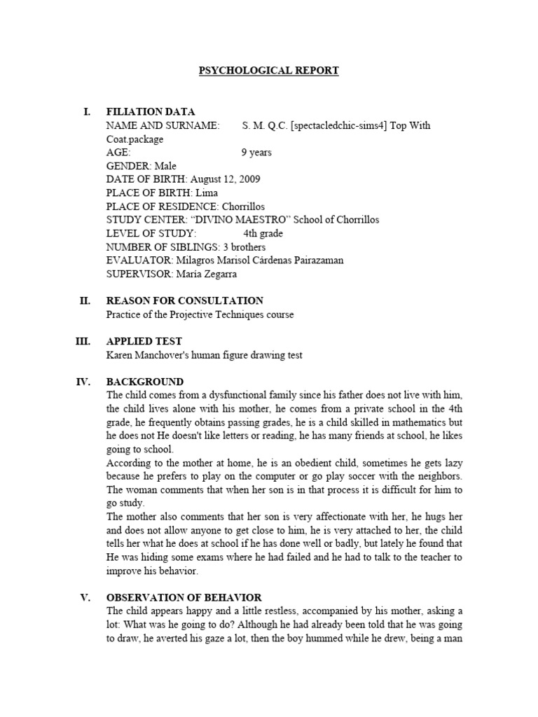 Child Psychological Evaluation Report | PDF | Hand | Mood (Psychology)