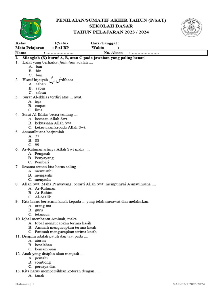 Soal Sat Kelas 1 Semester 2 - For Merge | PDF