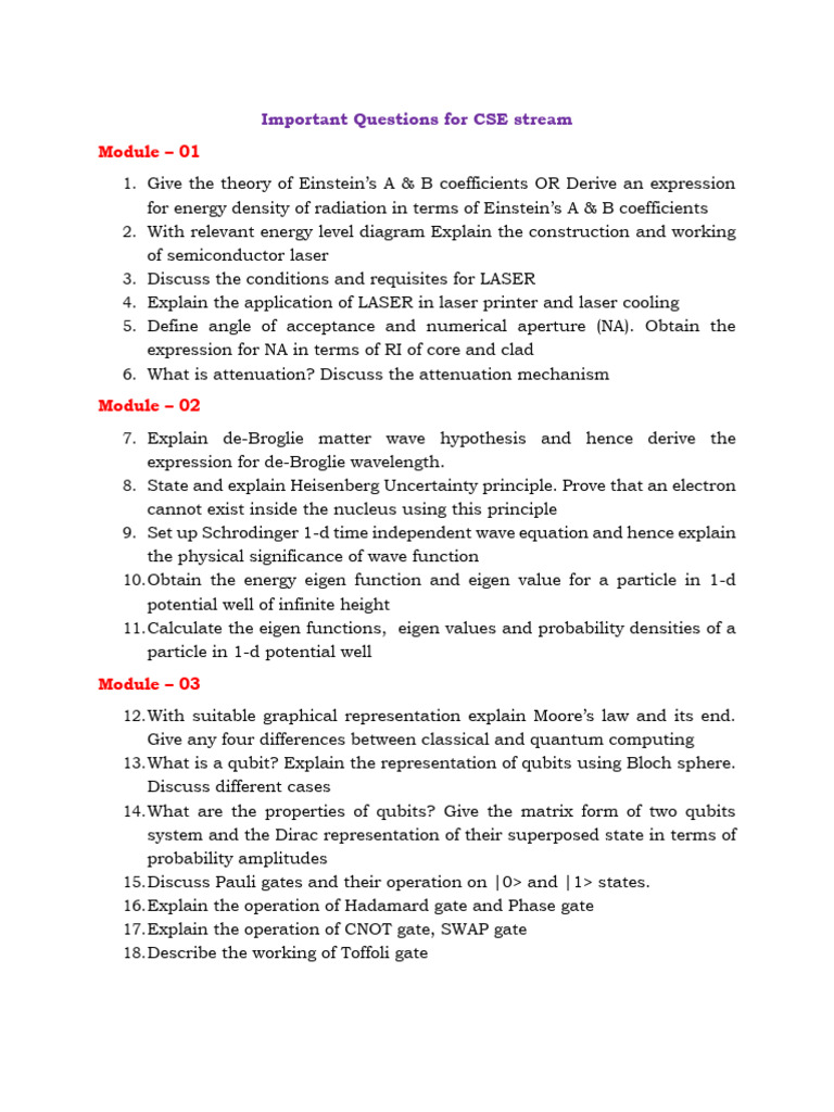 Important Questions CSE-stream-All Modules | PDF | Superconductivity | Theoretical Physics