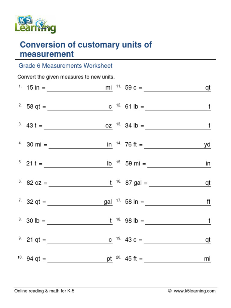 Grade 6 Conversion of Customary Units Mixed Practice F | PDF