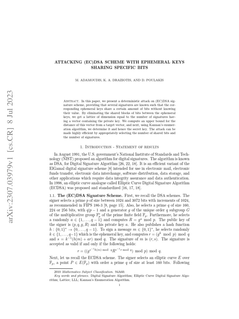 Cryptanalysis of (EC)DSA with Lattice Techniques | PDF | Applied ...