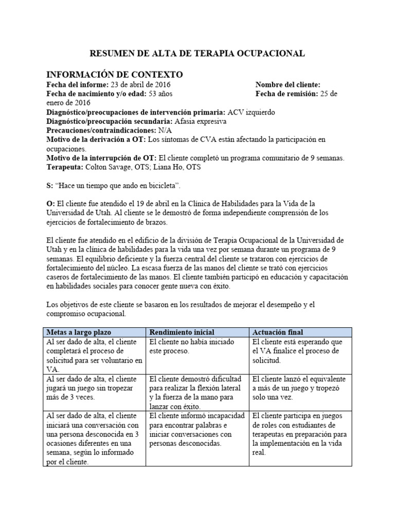 Resumen de Alta de Terapia Ocupacional-1 1 | PDF | Terapia ocupacional