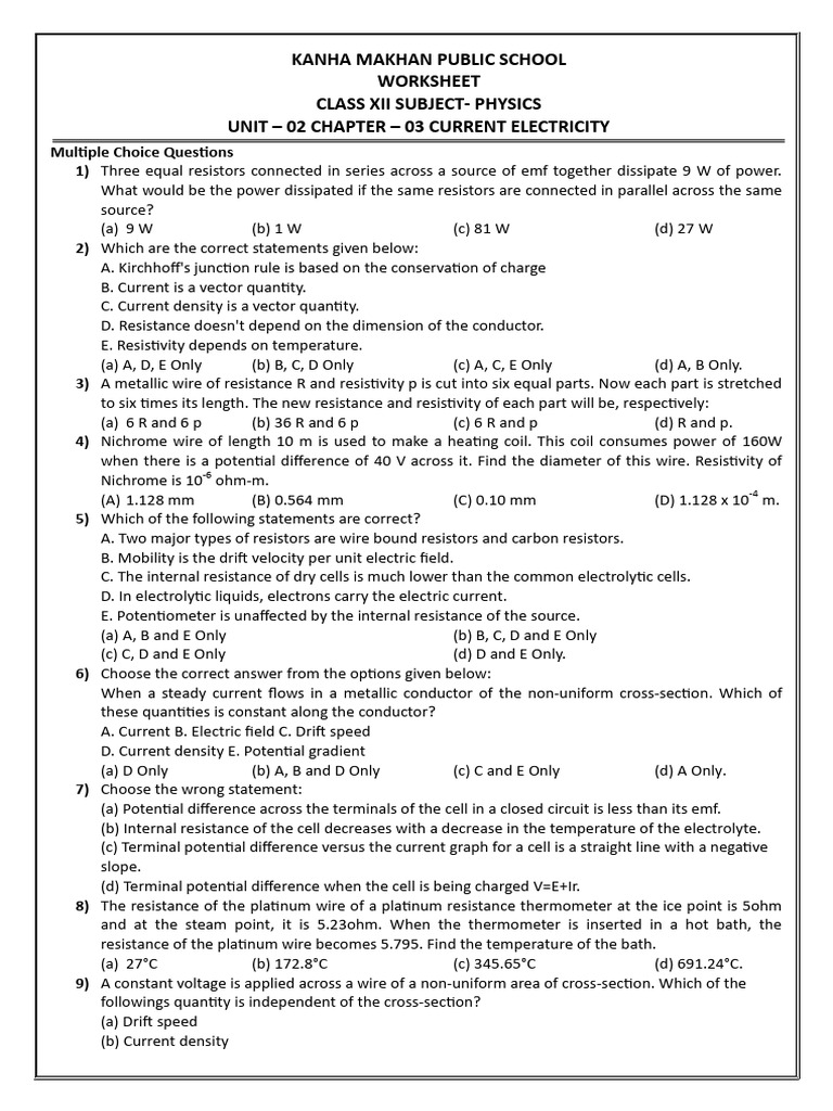 12 Physics Ch-3 WS | PDF | Electrical Resistivity And Conductivity | Electrical Resistance And ...