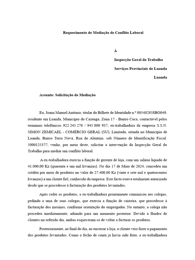 Requerimento de Mediação de Conflito Laboral | PDF | Férias trabalhistas Requerimento de Mediação de Conflito Laboral | PDF | Férias trabalhistas