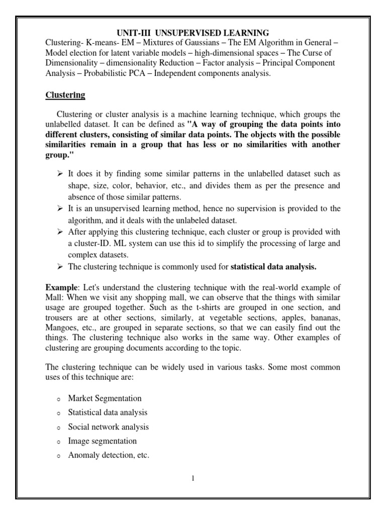 U20cs604 Machine Learning Unit III | PDF | Principal Component Analysis | Cluster Analysis
