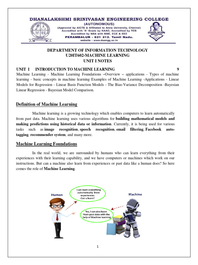 U20cs604 Machine Learning Unit I | PDF | Machine Learning | Errors And Residuals