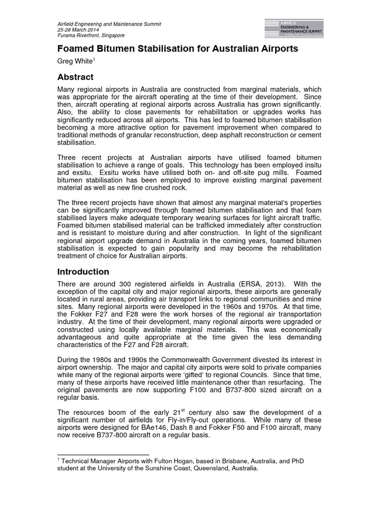 Foamed Bitumen Stabilisation For Australian Airports | PDF | Road ...