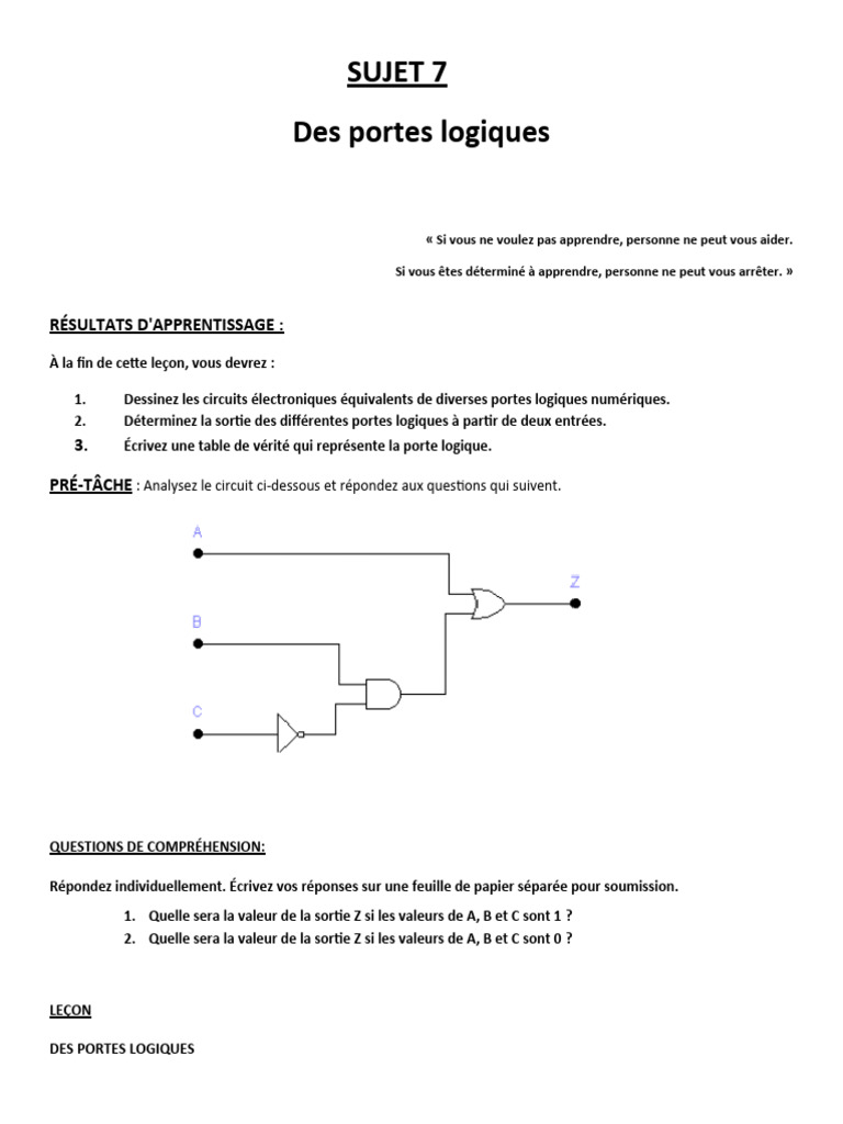 Sujet 7 Portes Logiques : Résultats D'apprentissage | PDF | Fonction ...