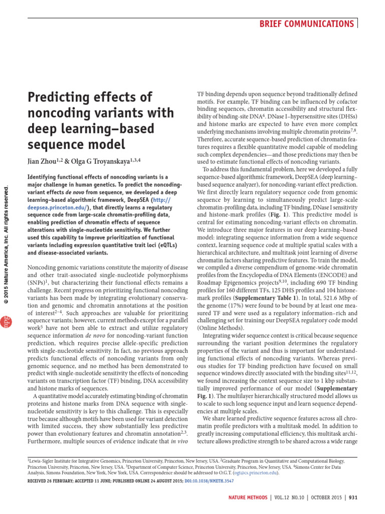 Zhou 和 Troyanskaya - 2015 - Predicting effects of noncoding variants with deep | PDF | Single ...