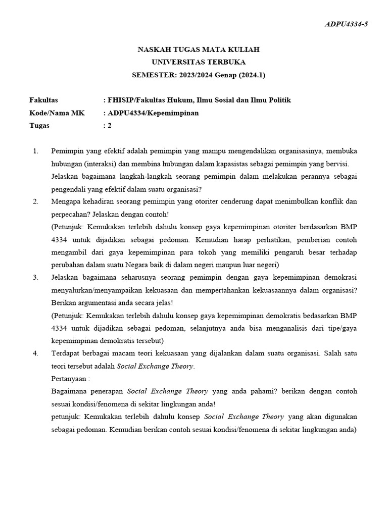 TMK 2 - ADPU4334 - Kepemimpinan | PDF