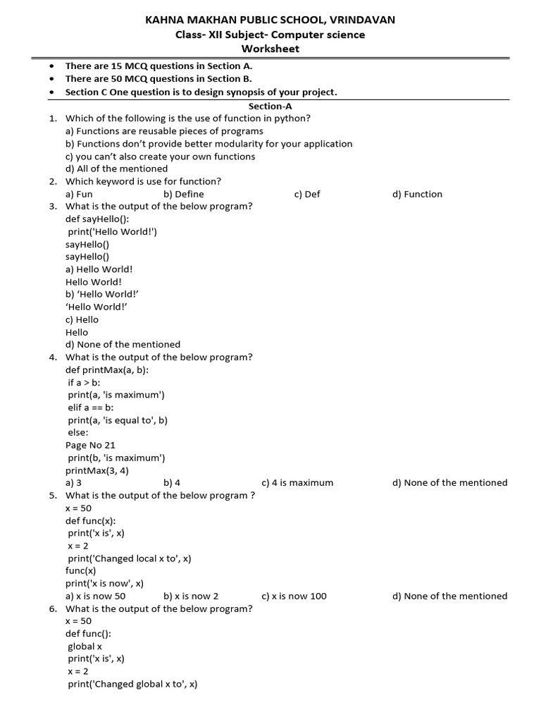 12 CS Worskheet | PDF | Python (Programming Language) | String (Computer Science)