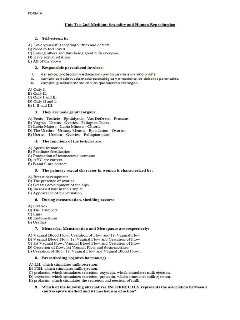 Unit Test 2M Human Reproduction FORM A | PDF | Menstrual Cycle | Ovary