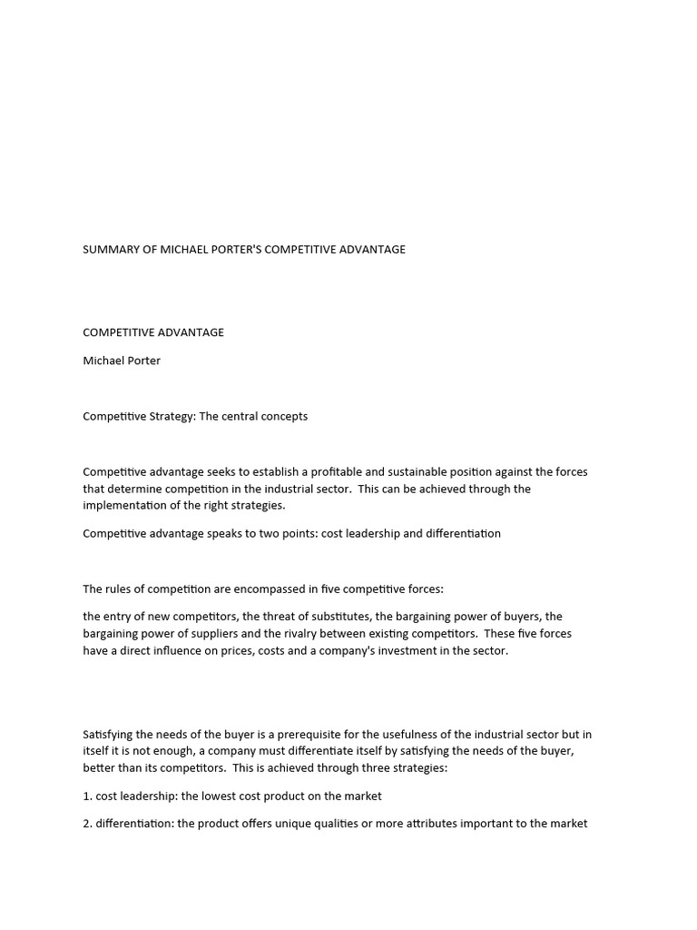 Michael Porter S Competitive Advantage Summary Pdf Competitive