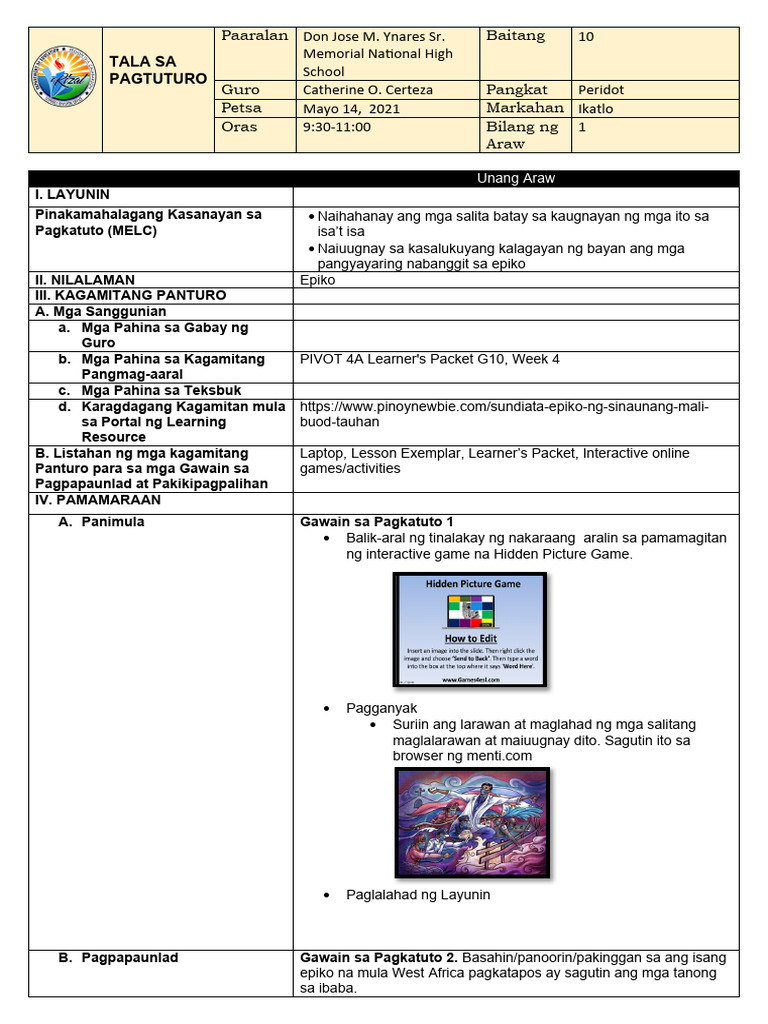 Certeza Lessonexemplar - Filipino10 | PDF